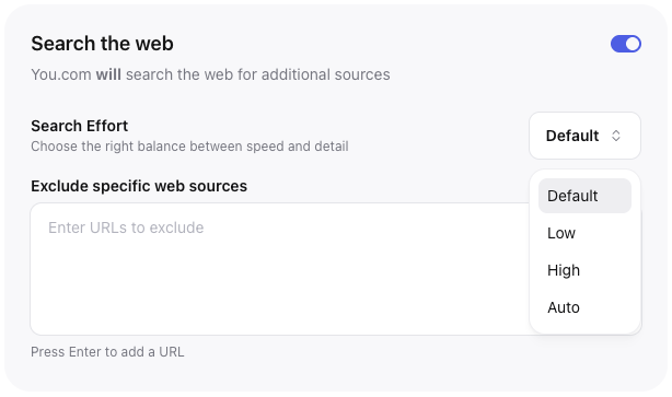 Chat & Agent web search options